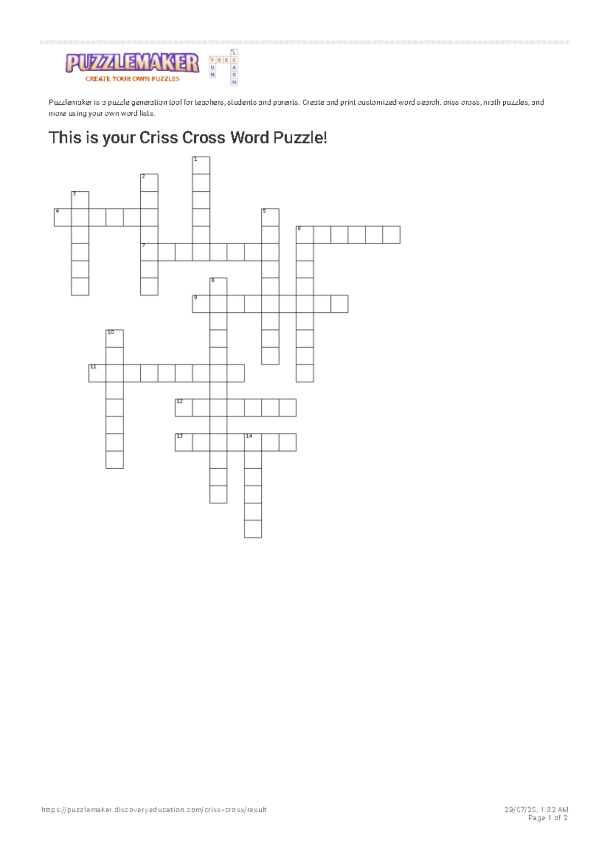 Criss Cross Puzzle Guide: Using Discovery Education Puzzlemaker - Studocu