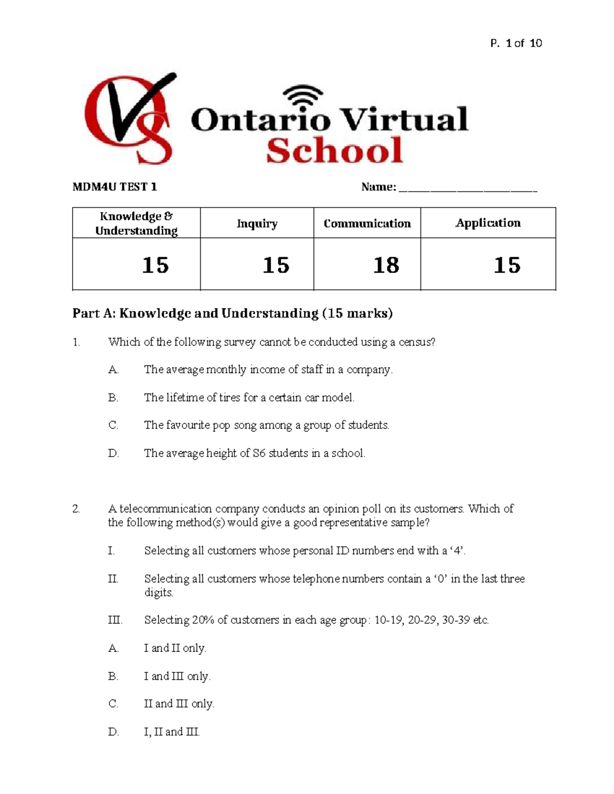 MDM4U Test 1: Knowledge, Understanding, and Application Review - Studocu