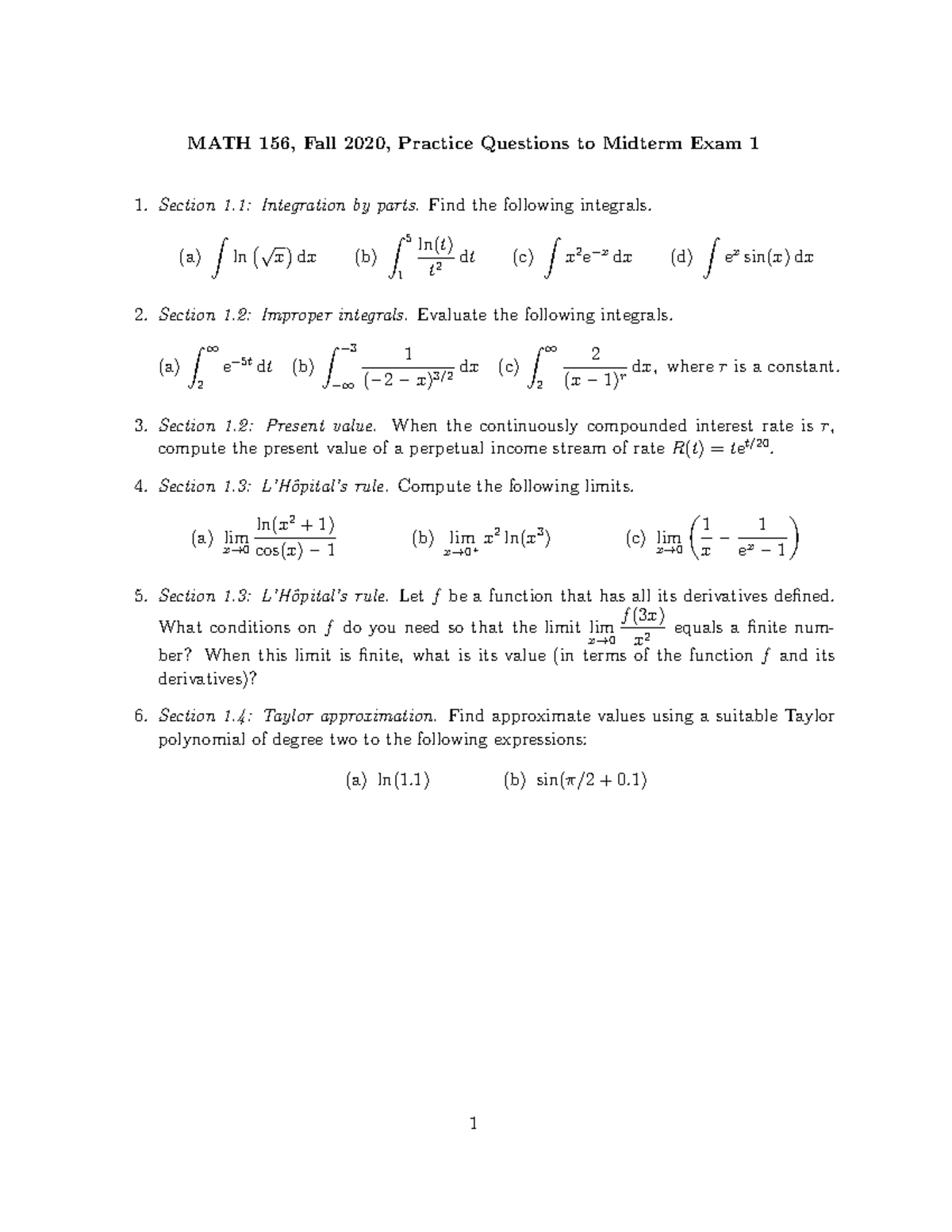 MATH 156 Midterm Exam 1 Practice Questions and Solutions - Studocu