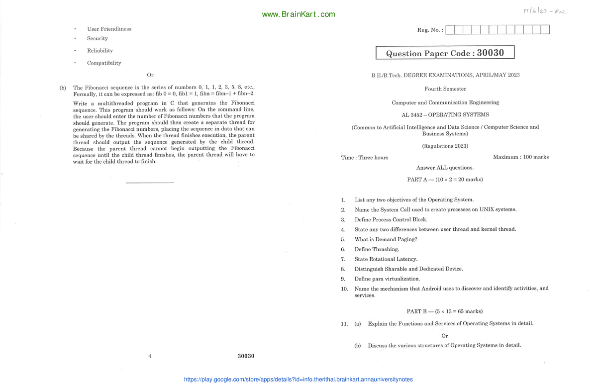 Operating Systems - AL3452 2021 Reg. - QP April/May 2023 - Studocu