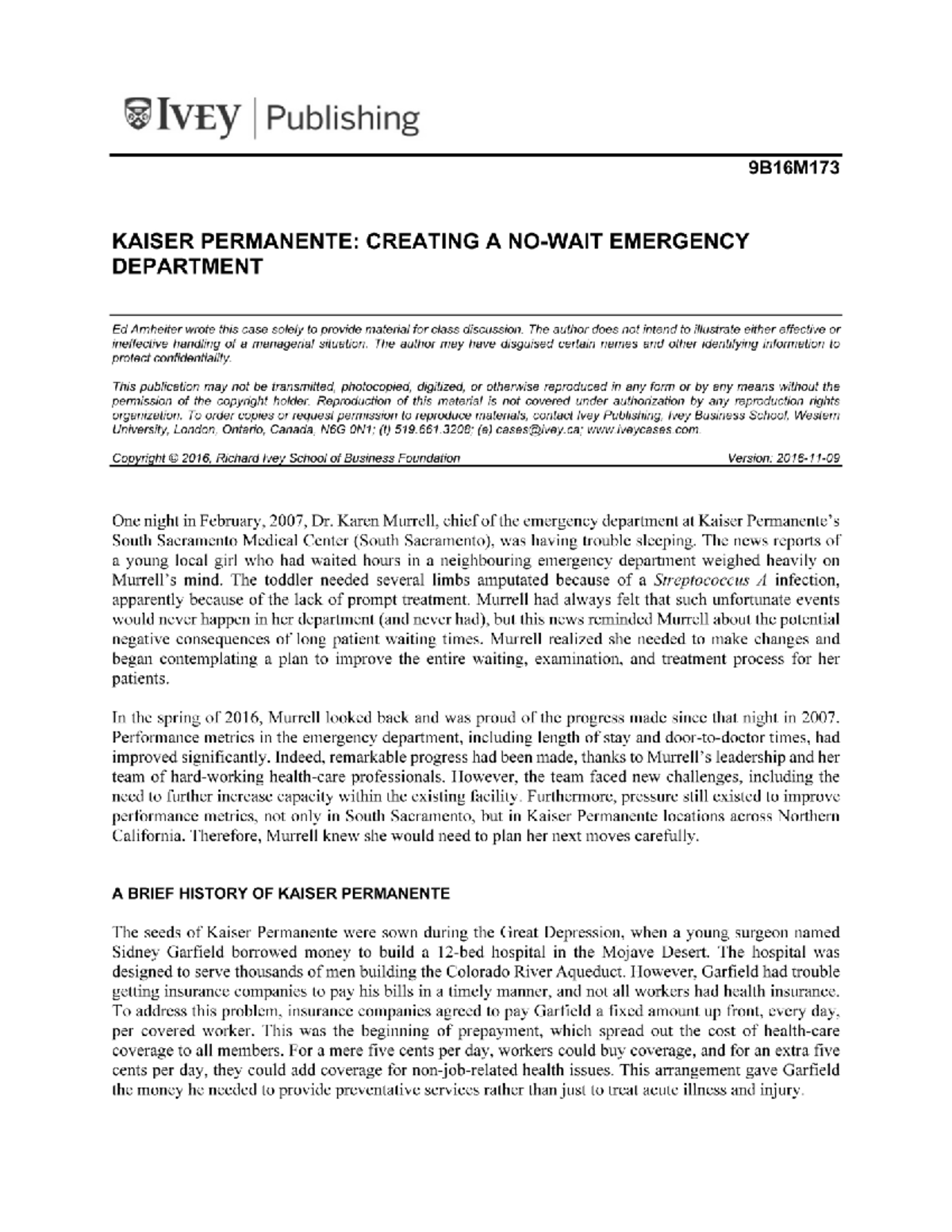 9B16M173: Kaiser Permanente Case Study - Studocu