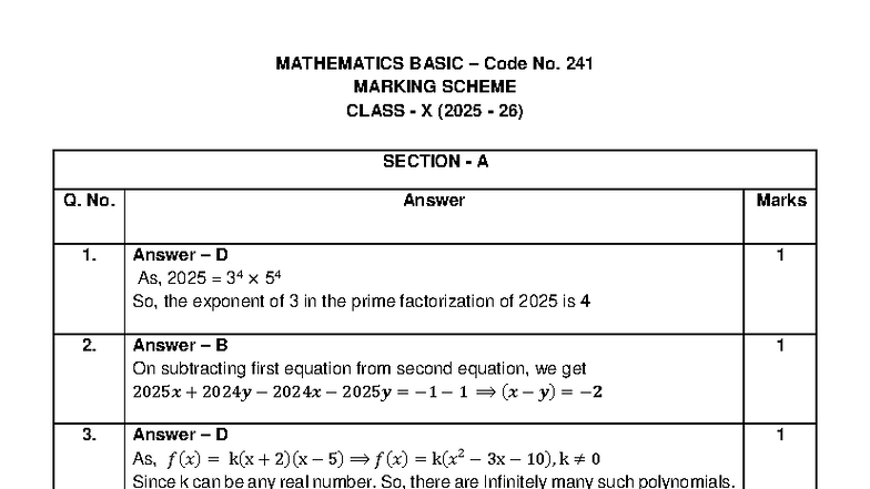 Mathematics Basic Marking Scheme Class X (2025-26) - Studocu