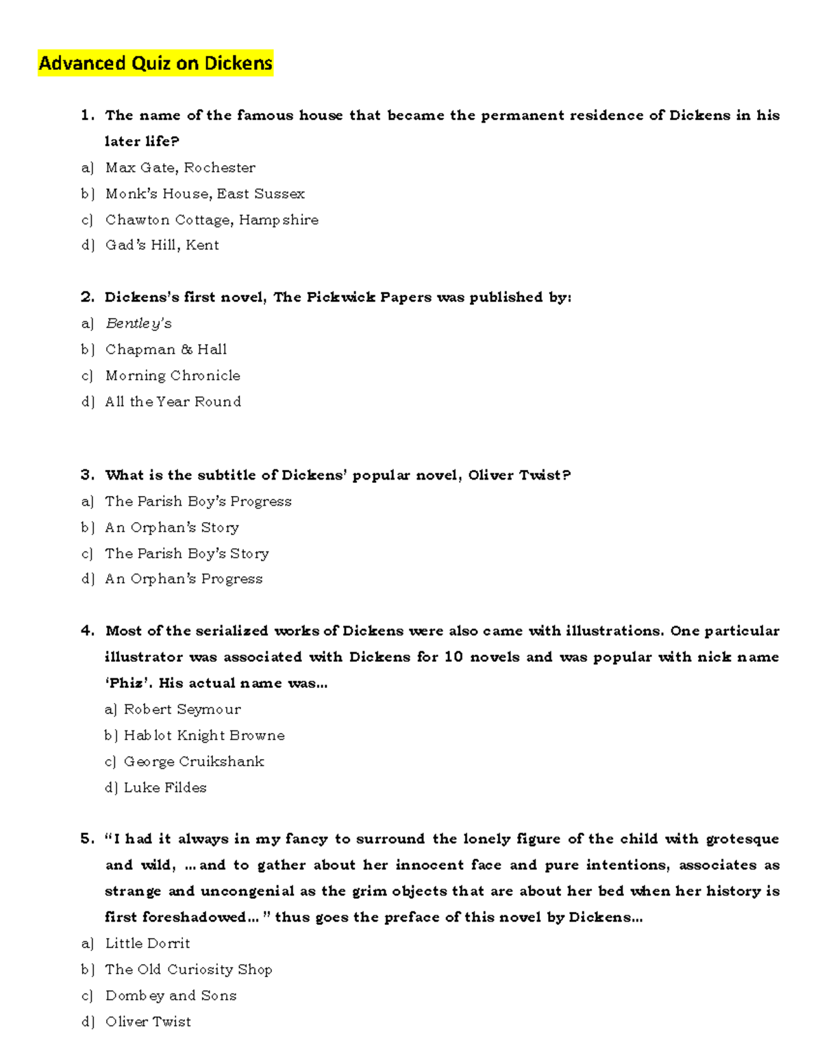 Charles Dickens-Most important questions - Advanced Quiz on Dickens The ...