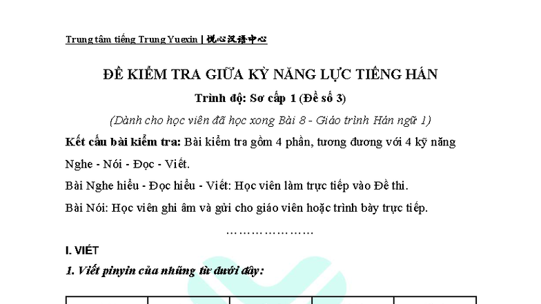 [Yuexin] Đề Kiểm Tra Giữa Kỳ Năng Lực Tiếng Hán 1 - Đề 03 - Studocu