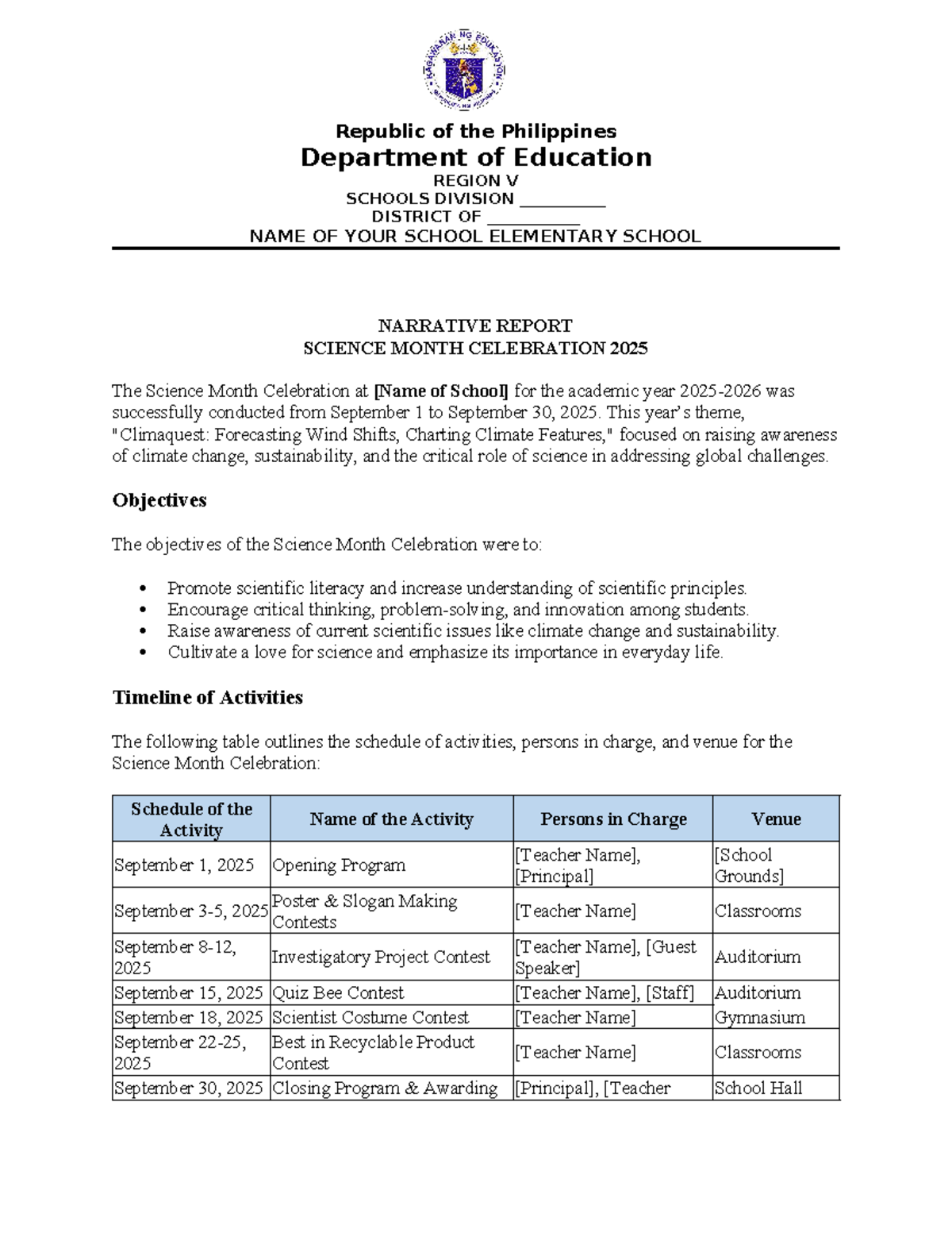 Narrative Report: Science Month Celebration 2025 - Region V Schools ...