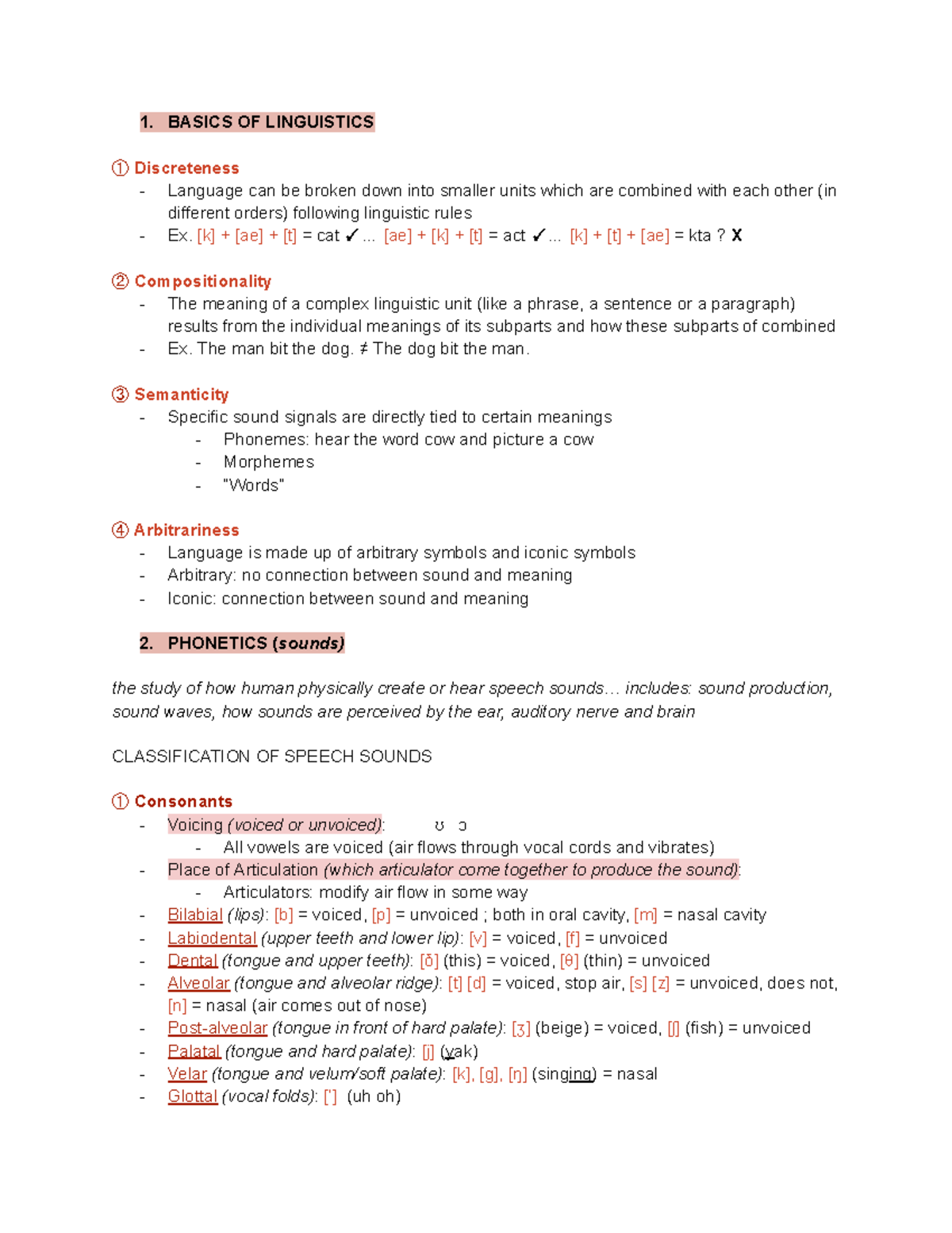 Ling 1 phonology notes - 1. BASICS OF LINGUISTICS Discreteness ...