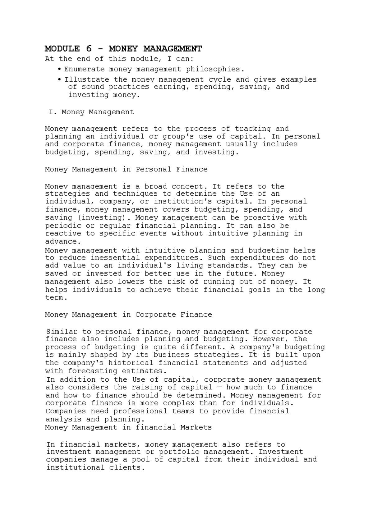 Module 6 - Money Management: Lecture Notes on Financial Strategies ...