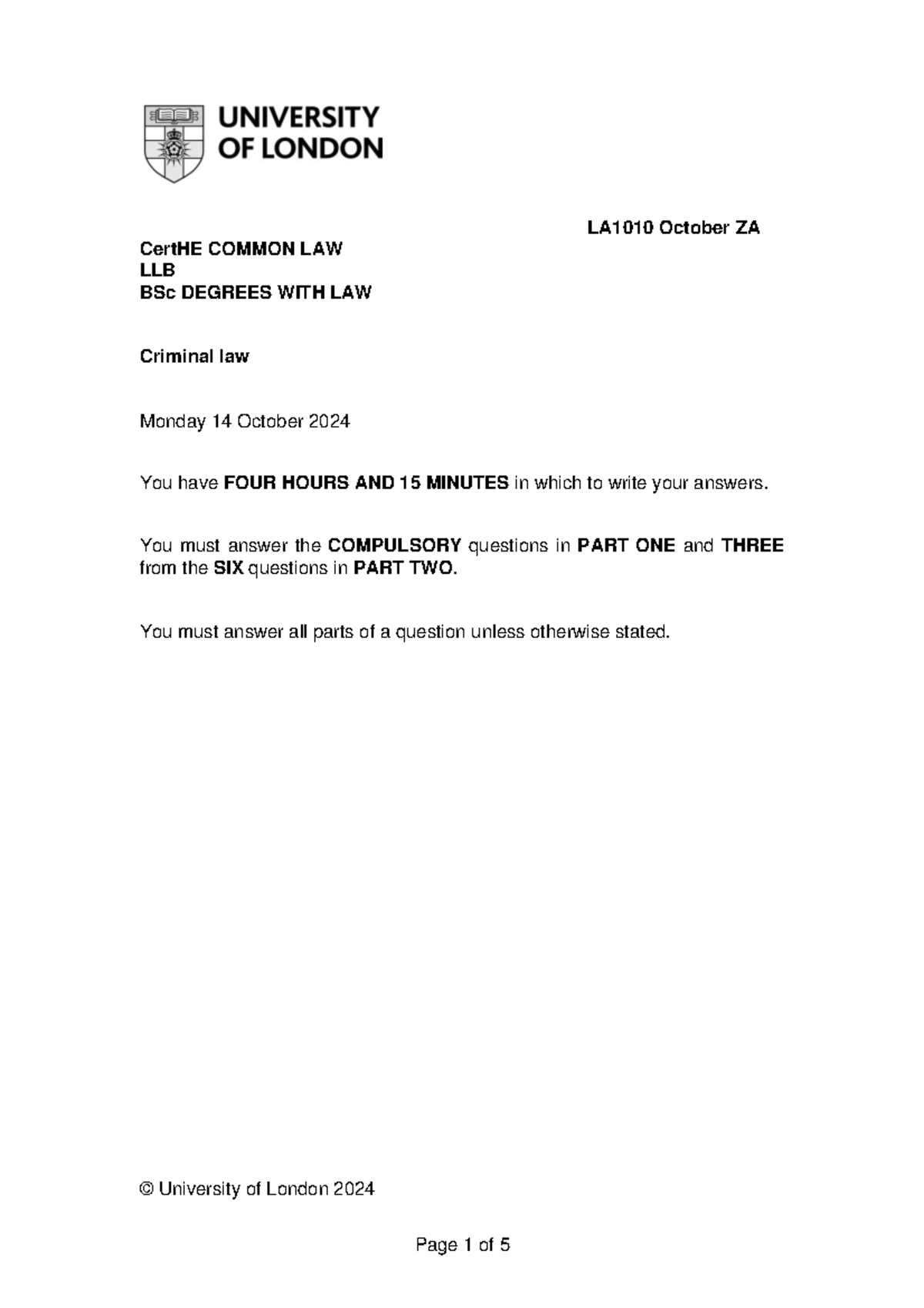 LA1010 Criminal Law SIM Paper - October 2024 Exam Guide - Studocu