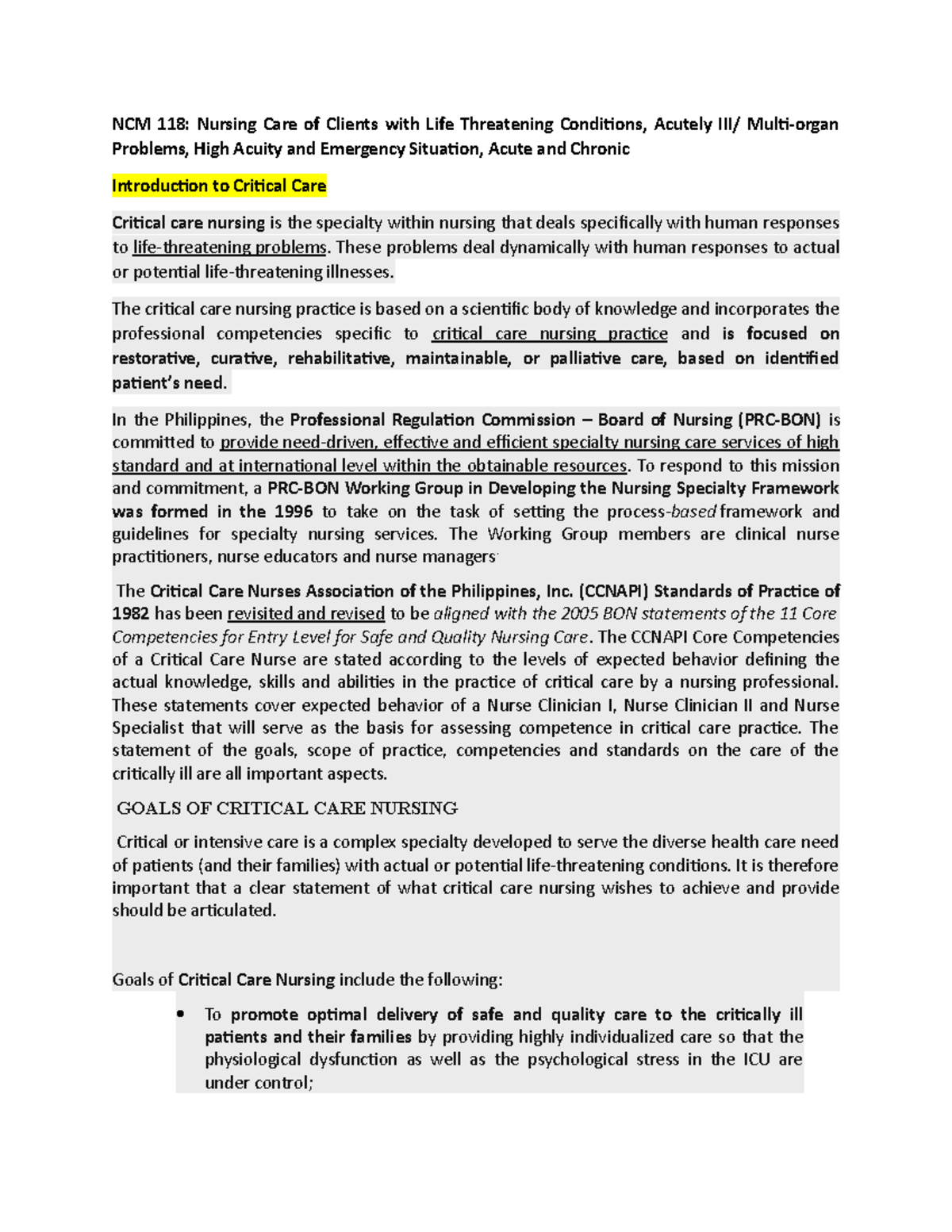 **NCM 118 Critical Care Nursing: Introduction and Standards of Practice ...