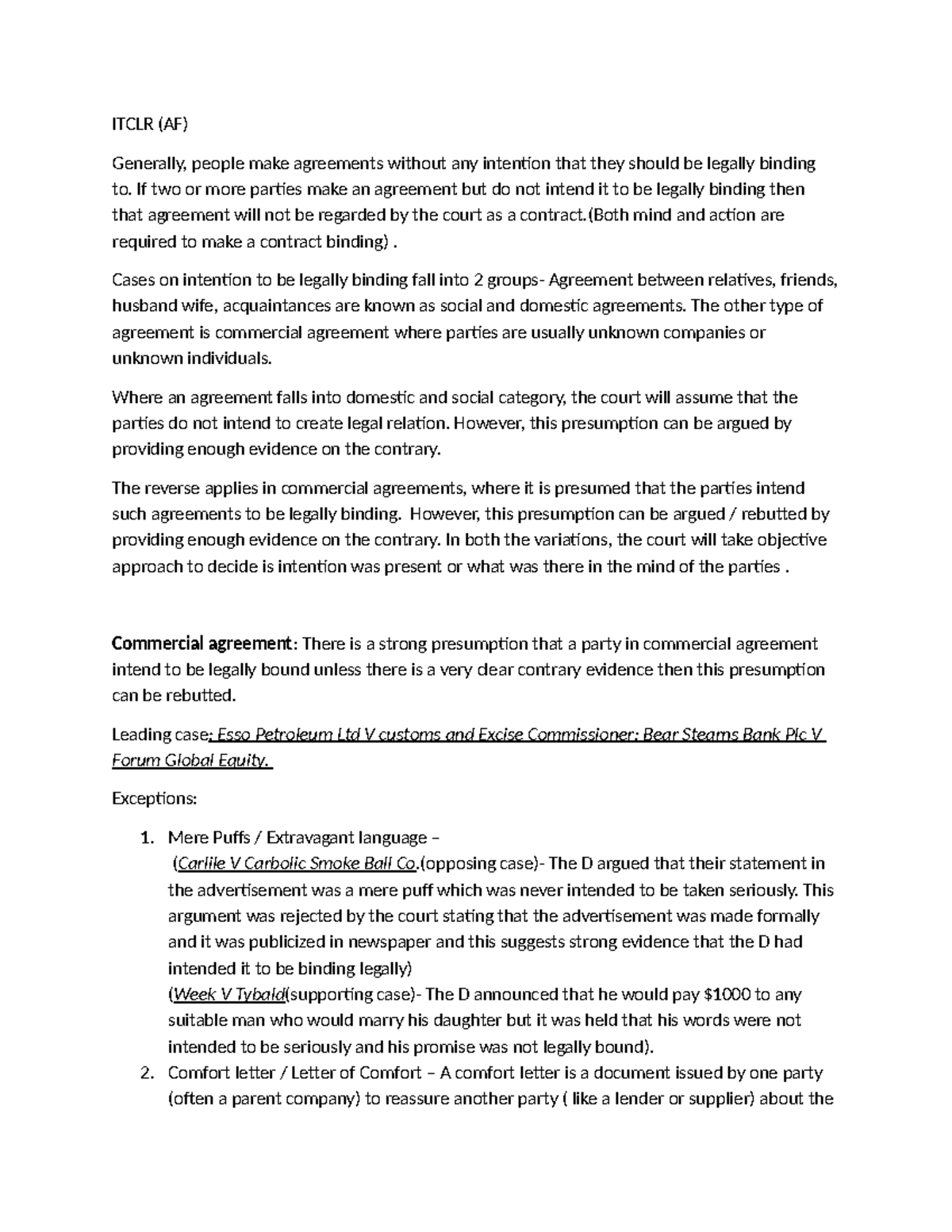 AF- ITCLR: Intention to Create Legal Relations in Contracts - Studocu