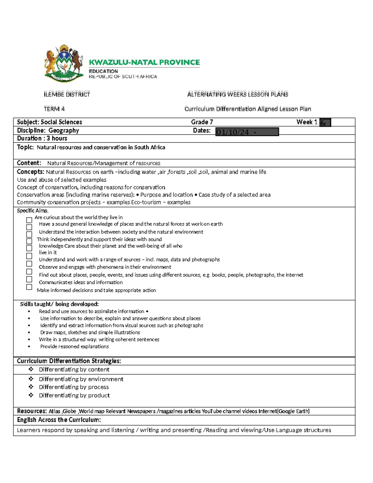 Grade 7 Social Sciences Term 4 Alternating Weeks Lesson Plans Final ...