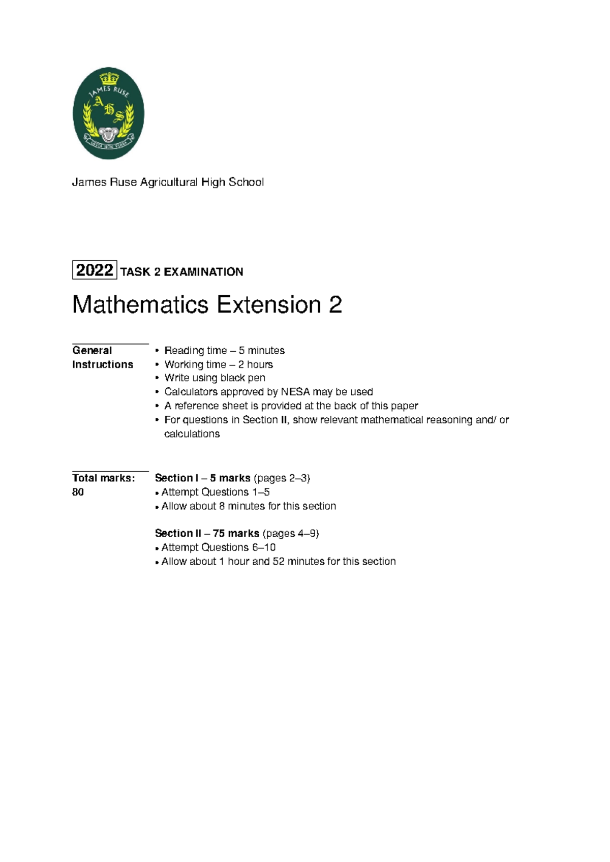 Mathematics Extension 2 Examination - James Ruse Agricultural HS 2022 ...