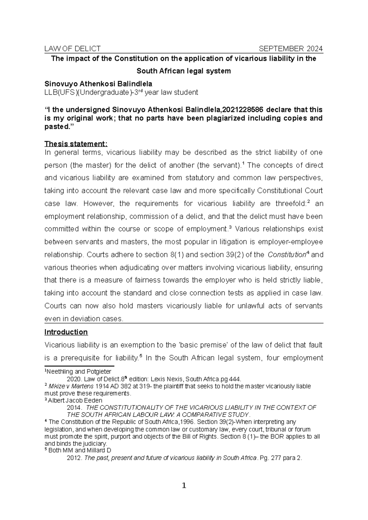 LAW OF DELICT: Vicarious Liability & Constitutional Impact (UFS-LLB ...