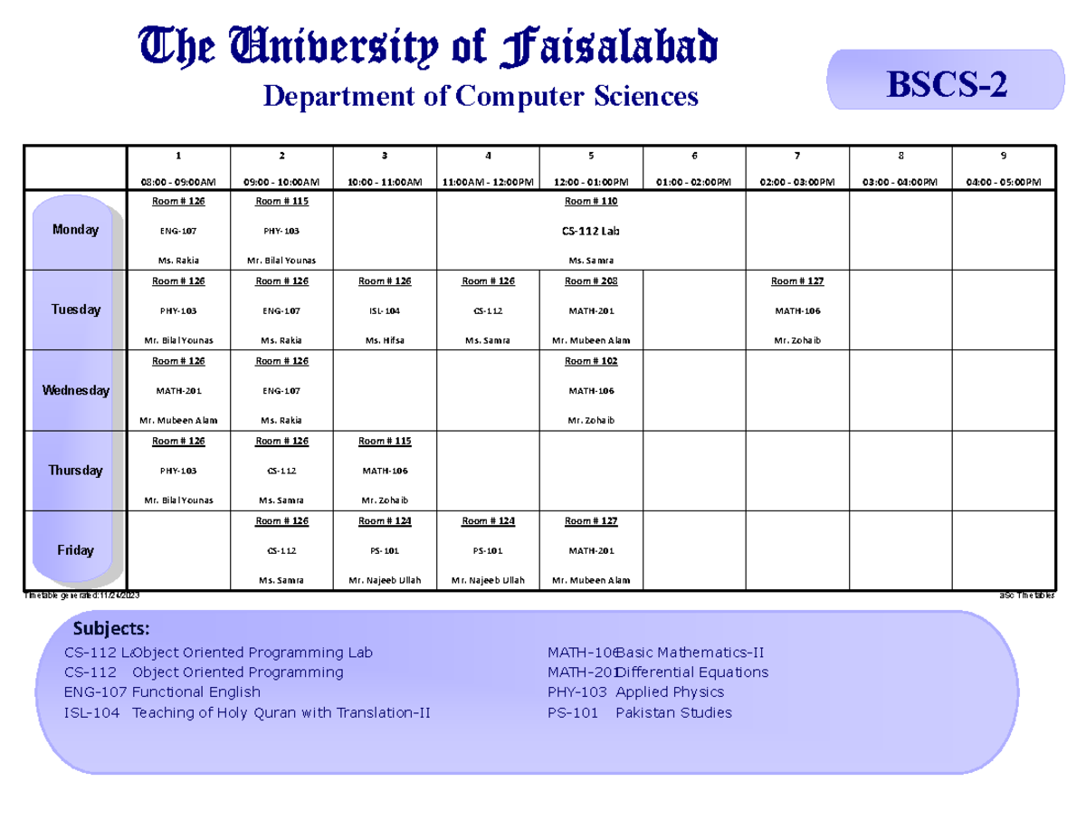 Fall 2023 Senior Timetable for Computer Sciences Courses - Studocu