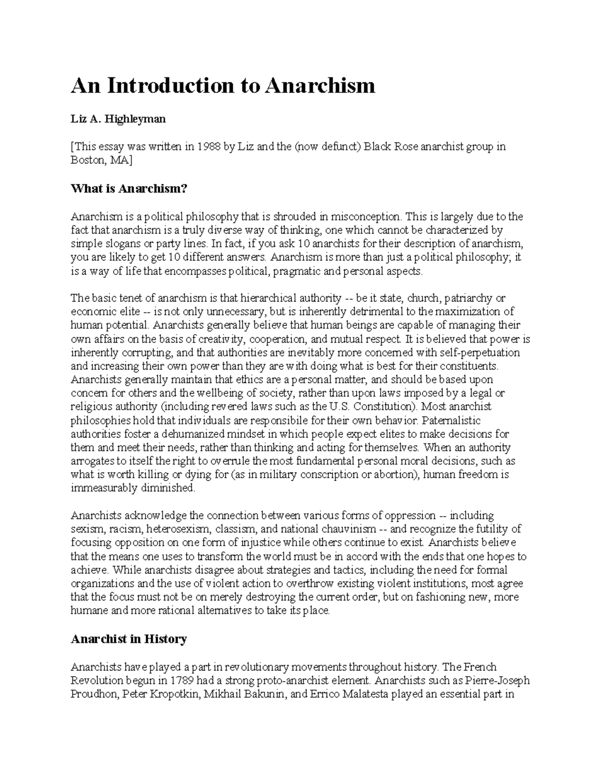 An Introduction to Anarchism - Highleyman [This essay was written in ...