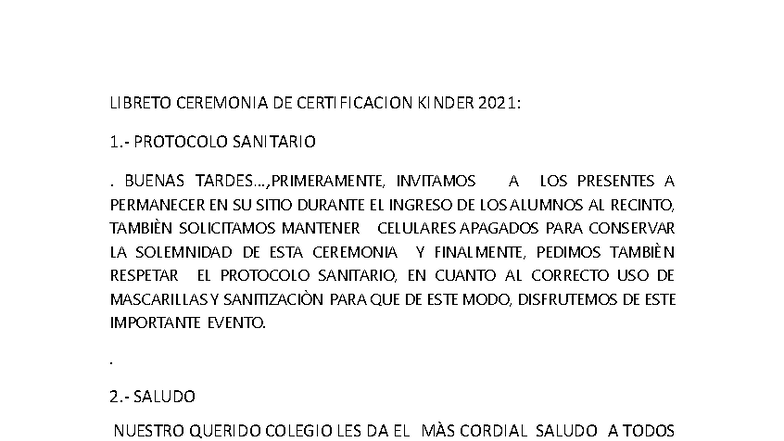Ceremonia de Certificación Kinder 2021: Protocolo Sanitario - Studocu