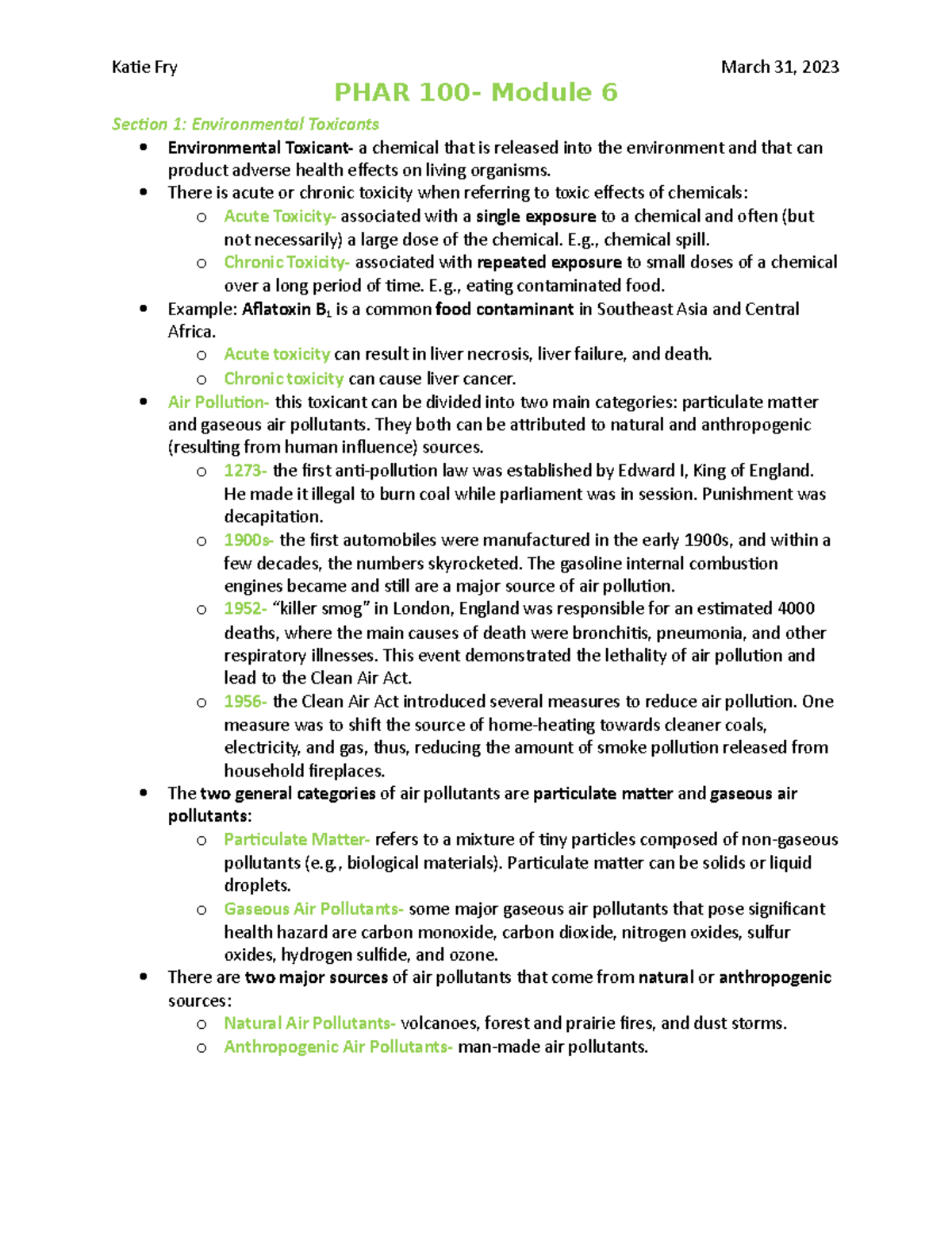 Module 6- PHAR 100 - PHAR 100- Module 6 Section 1: Environmental ...