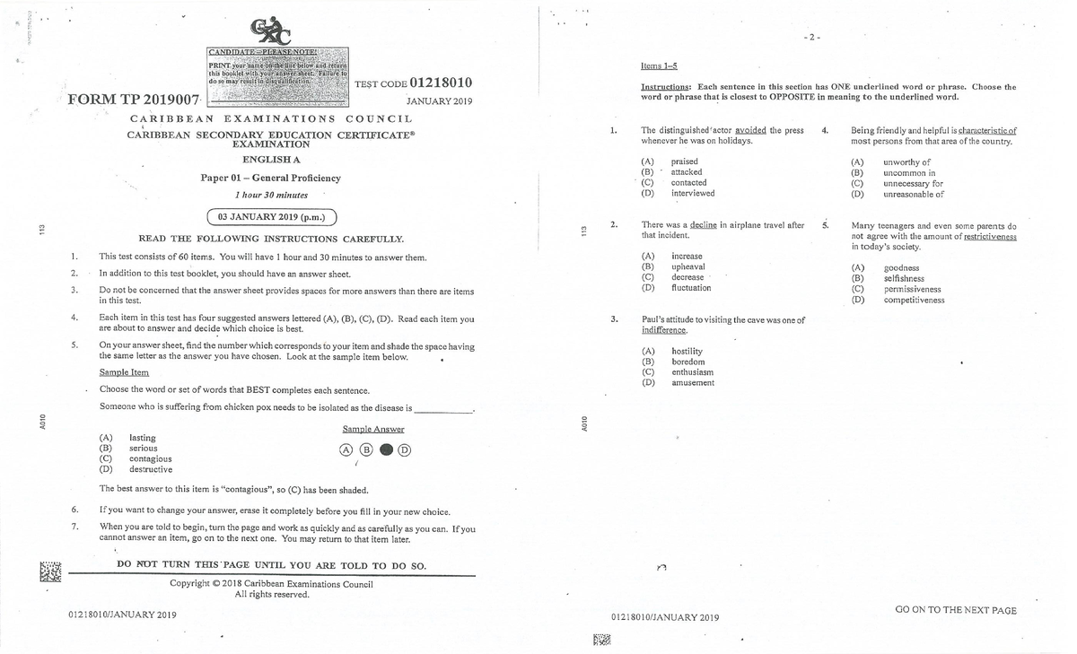 CSEC English A Jan 2019 Paper 01 Exam Questions and Instructions - Studocu