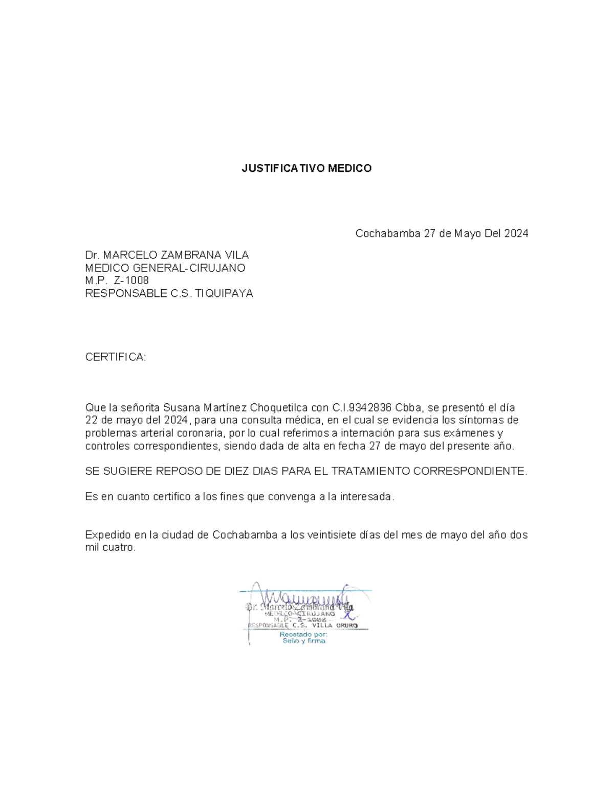 Justificativo Medico - sirev - JUSTIFICATIVO MEDICO Cochabamba 27 de ...