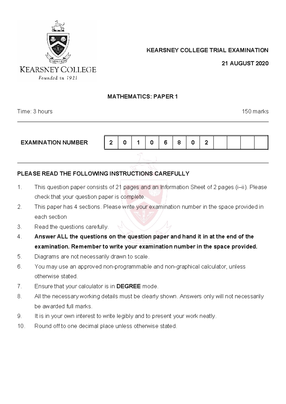 Grade 12 Maths Trial Exam Paper 1 2020 - Detailed Instructions - Studocu