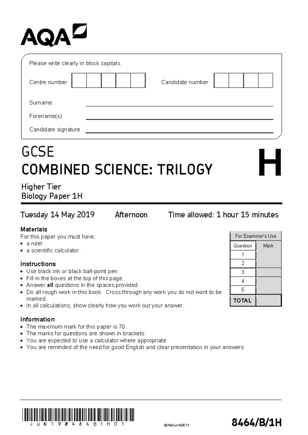 GCSE COMBINED SCIENCE: TRILOGY H Higher Tier Biology Paper 1 (2018 ...