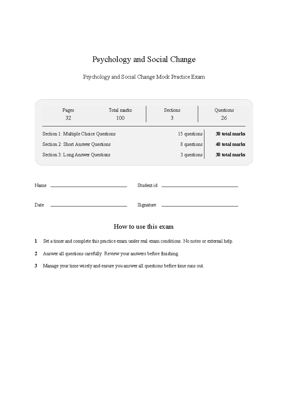 Psychology and Social Change mock exam - most used 2026 feb ...