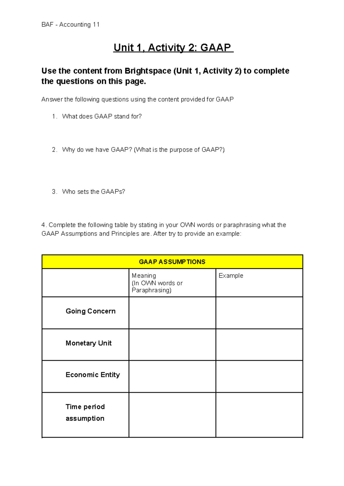 U1Activity 2 - GAAP Worksheet - BAF - Accounting 11 Unit 1, Activity 2 ...
