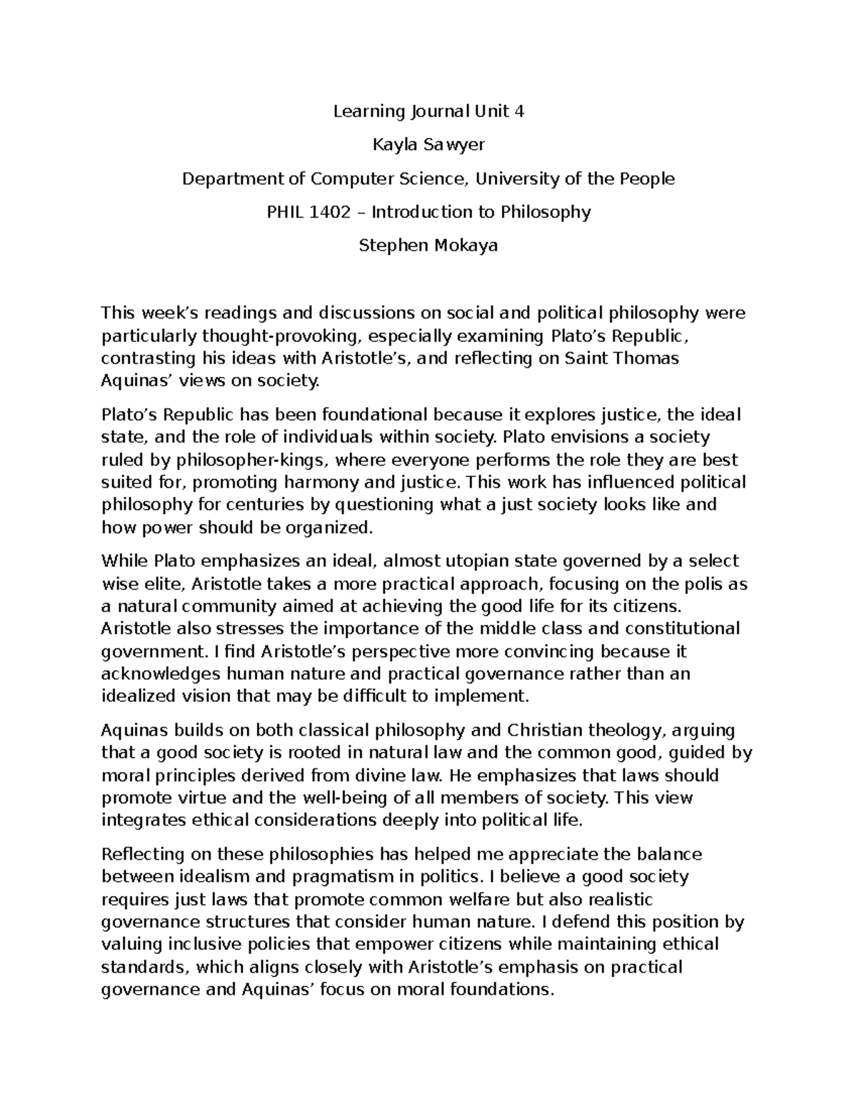 Learning Journal Unit 4: Social & Political Philosophy Insights - PHIL ...
