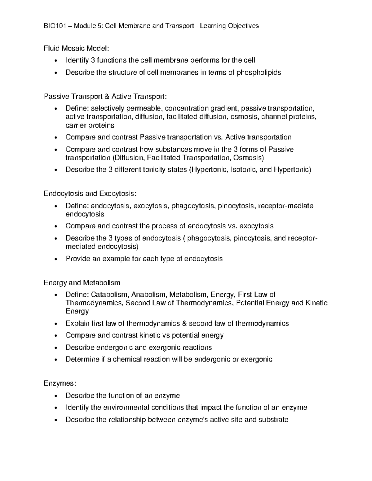 BIO101 – Module 5: Overview of Cell Membrane & Transport Concepts - Studocu