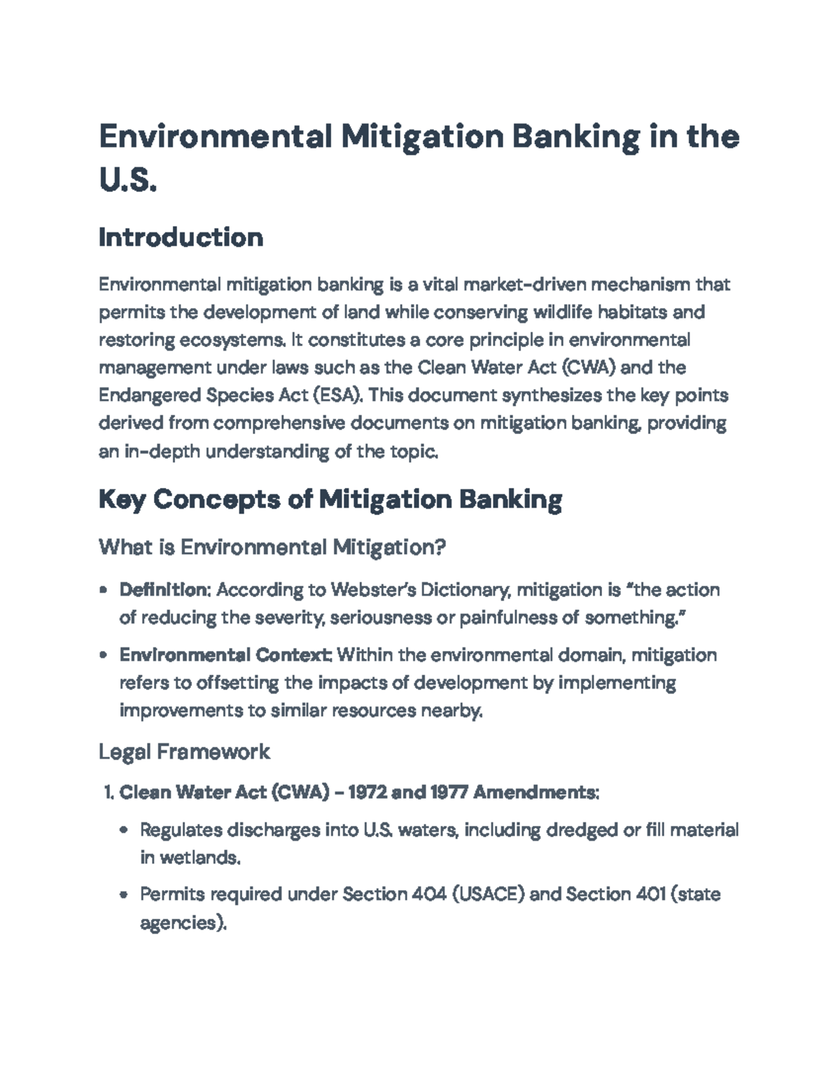 Environmental Mitigation Banking: Overview and Key Frameworks (CWA, ESA ...