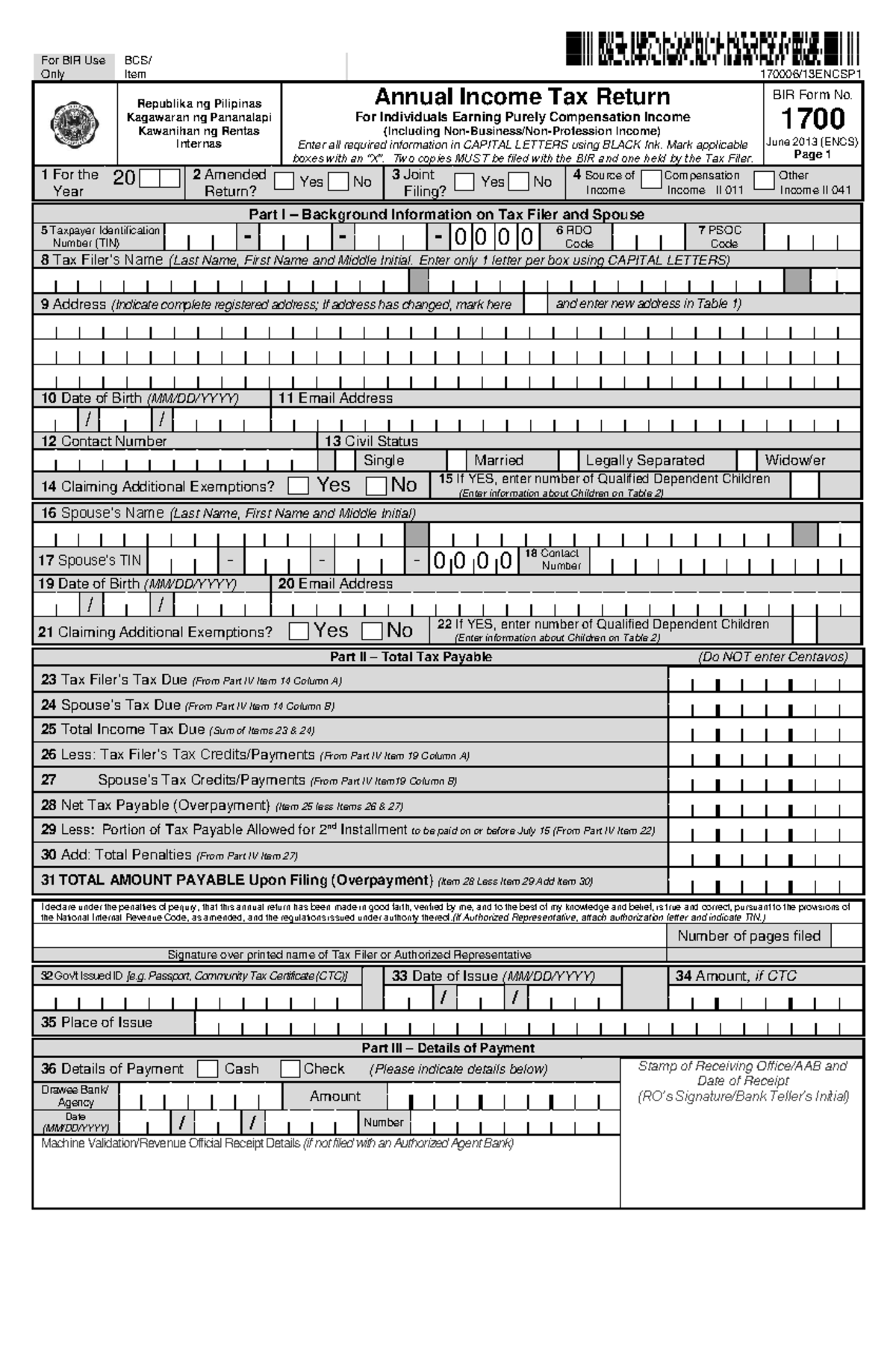 BIR Form 1700: Annual Income Tax Return for Individuals (June 2013 ...