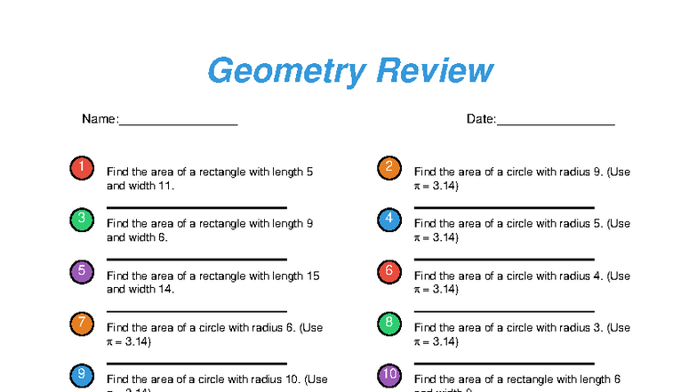 Geometry Review 1-20: Area of Rectangles & Circles - Studocu