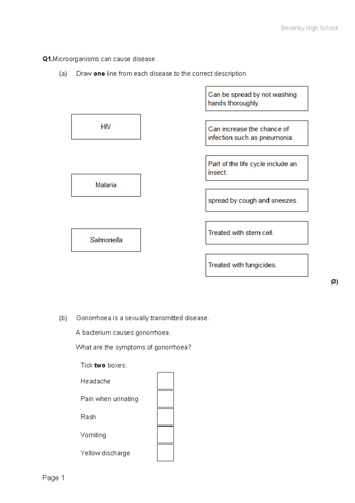 Beverley High School Communicable Diseases Q1 Exam Style Questions ...