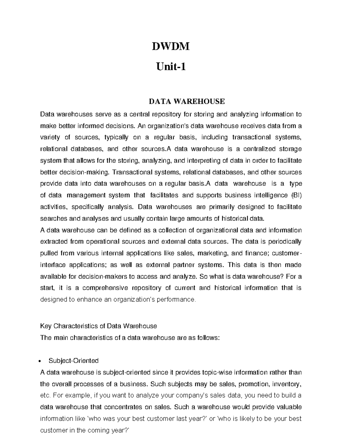DWDM Unit-1: Comprehensive Notes on Data Warehousing Concepts - Studocu