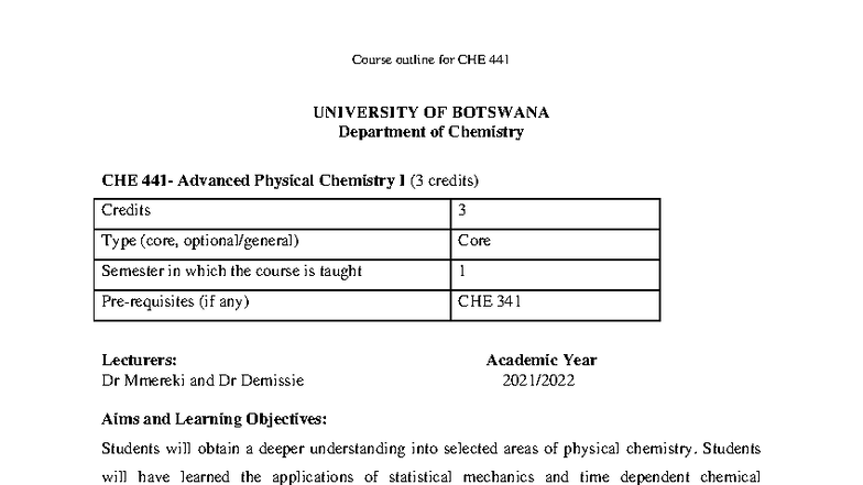 CHE 441 Course Outline: Advanced Physical Chemistry I Notes - Studocu