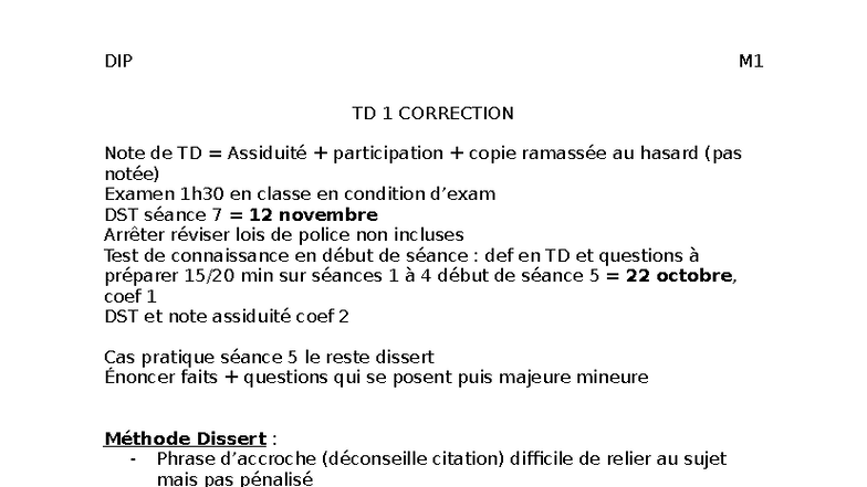 DIP M1 TD 1 Correction: Examen et Méthodes de Dissertation - Studocu