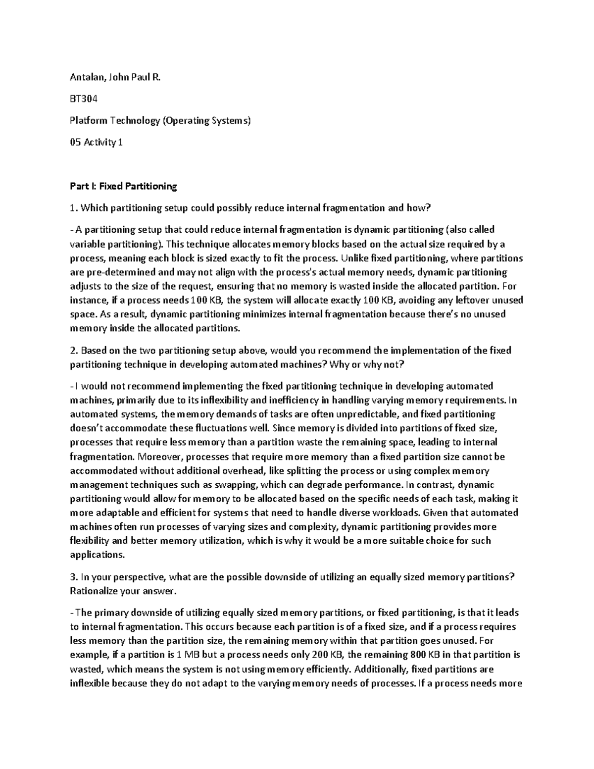 BT304 Platform Technology: Fixed vs Dynamic Partitioning Analysis - Studocu