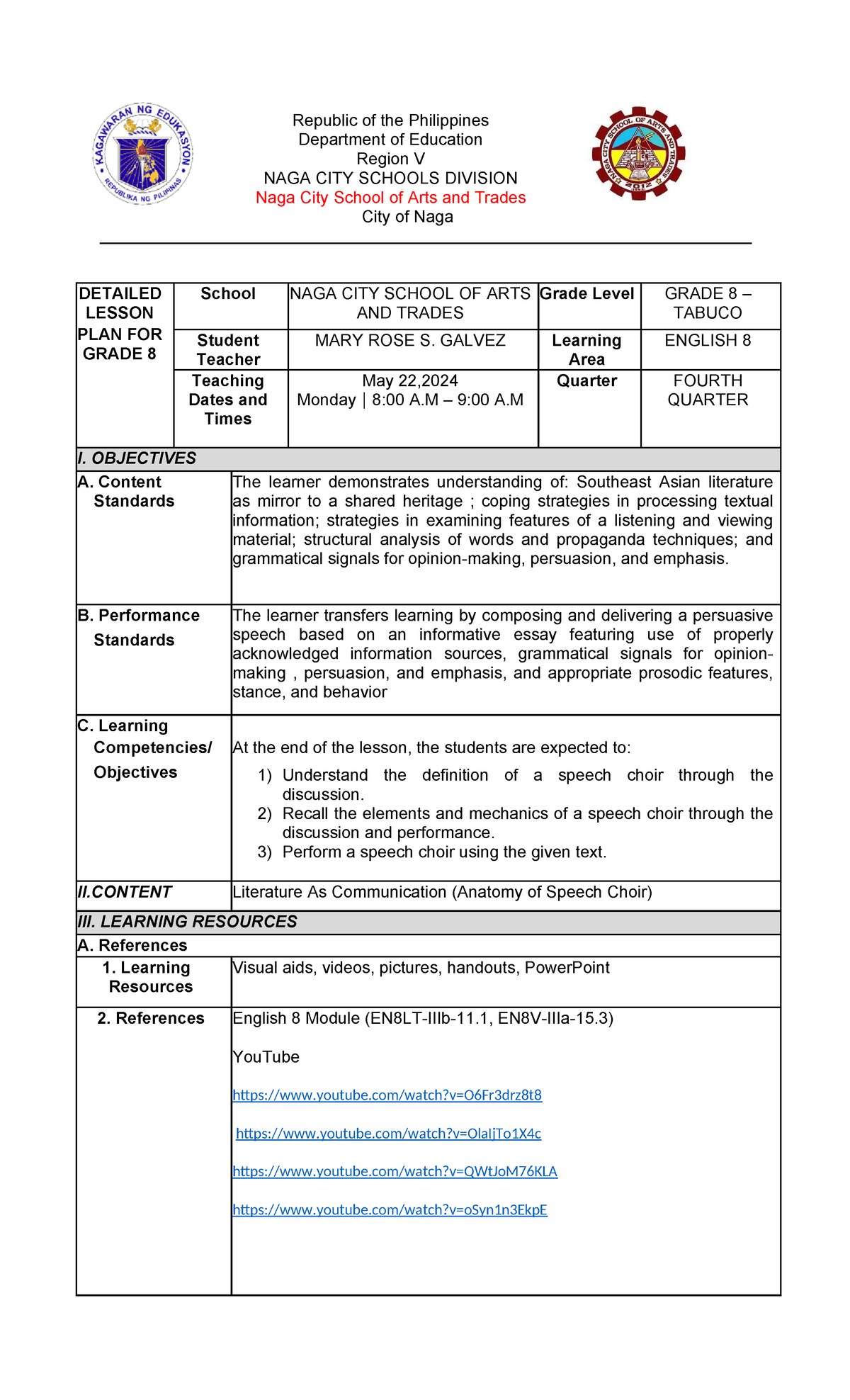 Anatomy of Speech Choir Lesson Plan DLP 1 for Grade 8 - Studocu