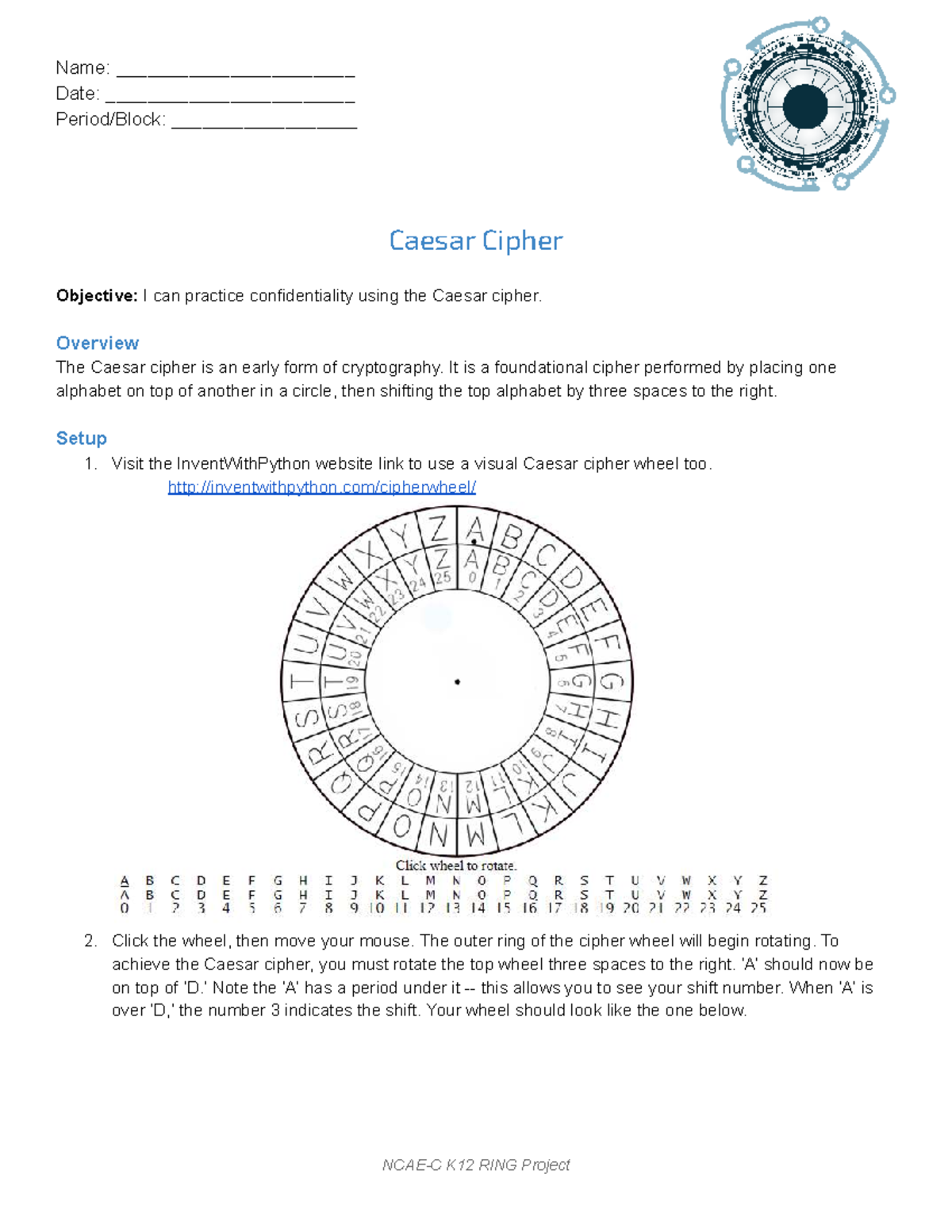 K12 RING Project: Activity on Caesar Cipher Techniques - Studocu