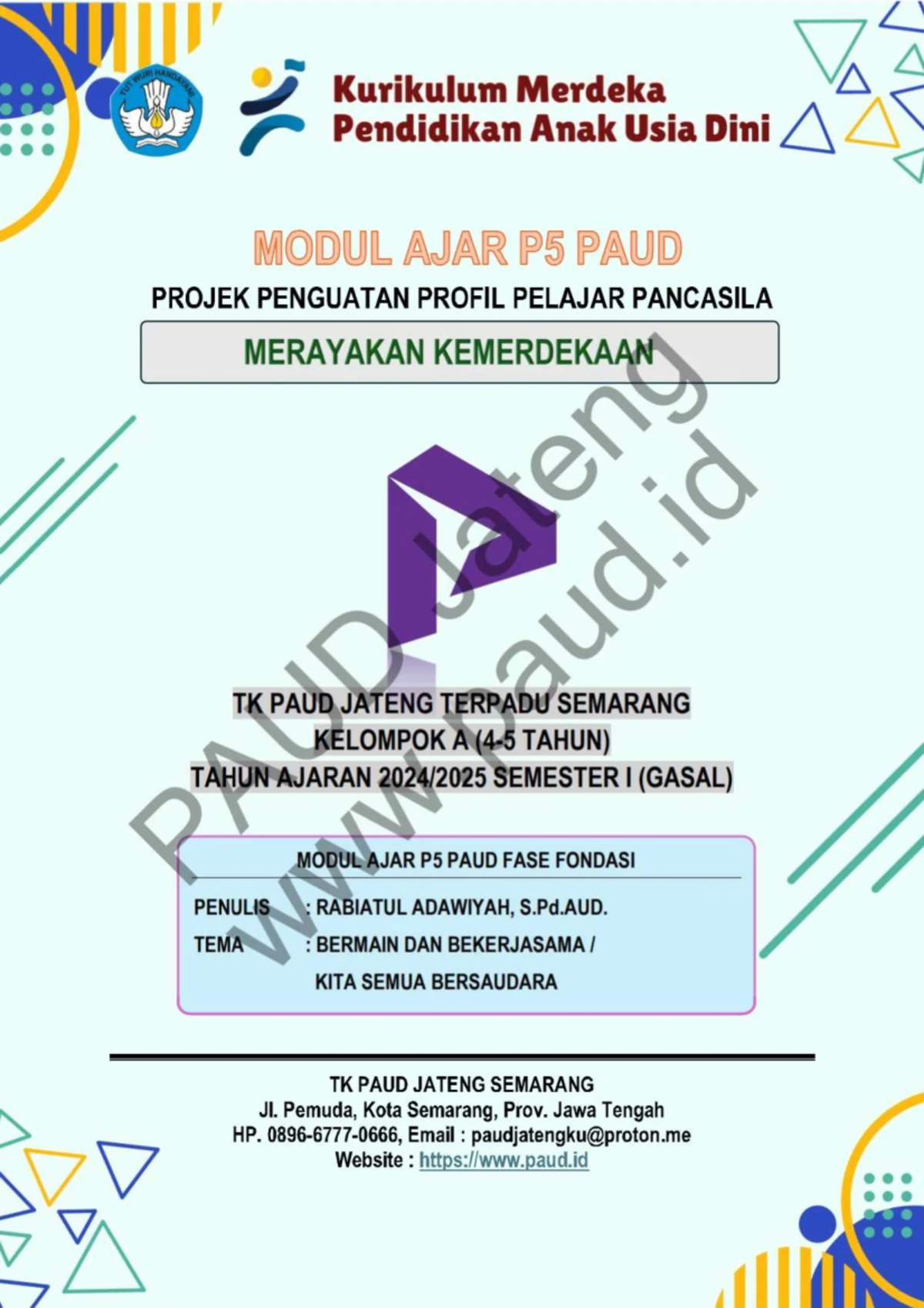 Modul Ajar PAUD Kelompok A 2024/2025 Semester I: Kenalkan Diri - Studocu