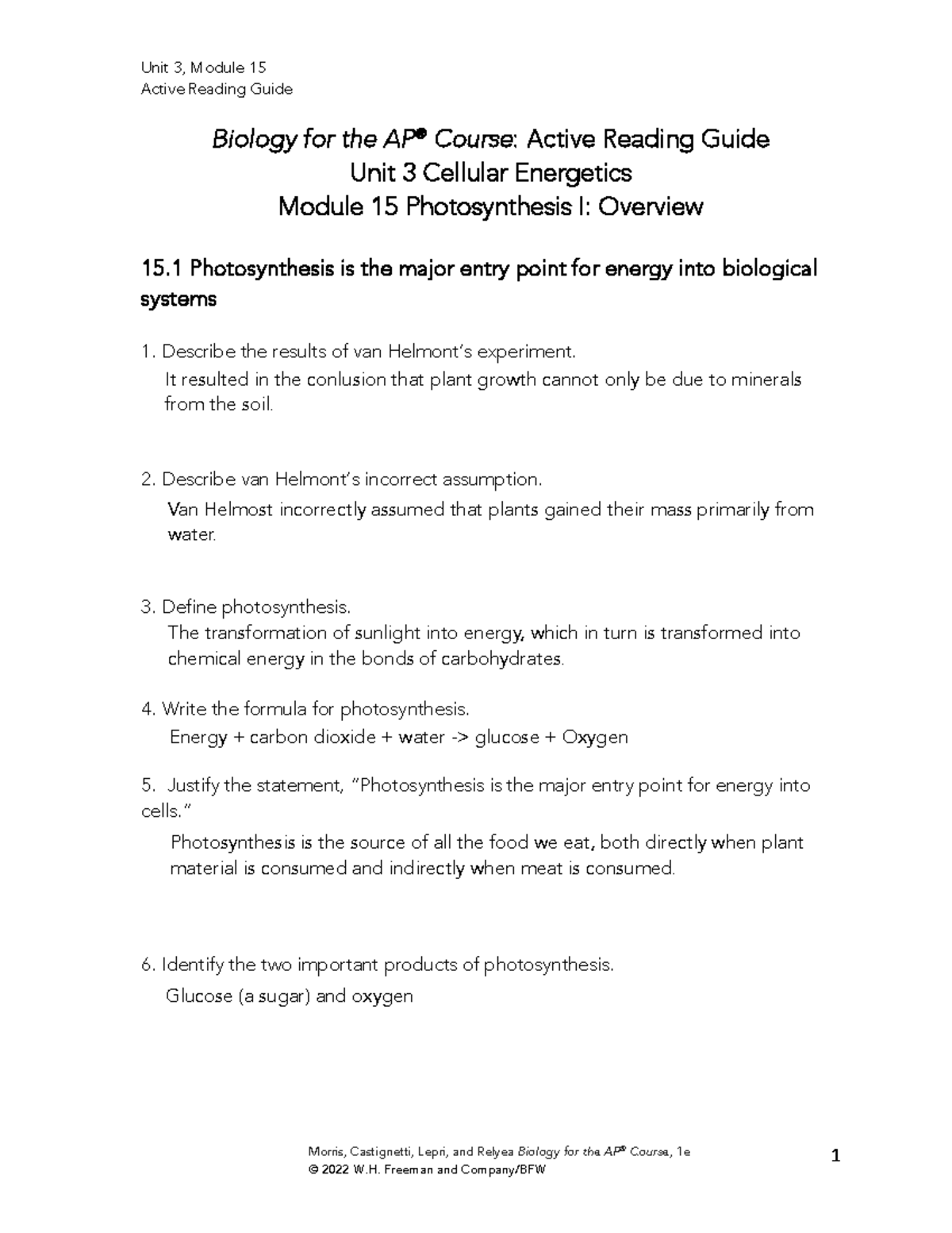 Biology AP® Course - Module 15 RG: Photosynthesis Homework Answers ...