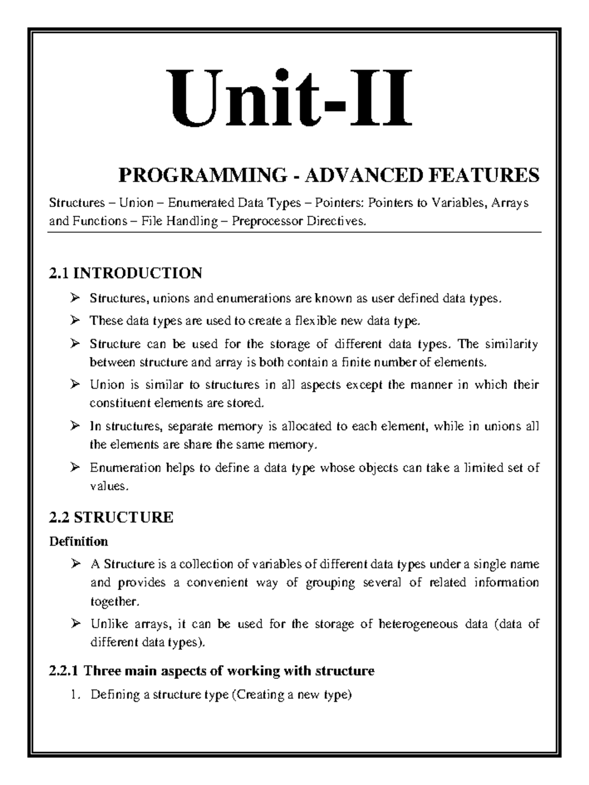 Programming Advanced Features: Structures, Unions, Pointers & File ...