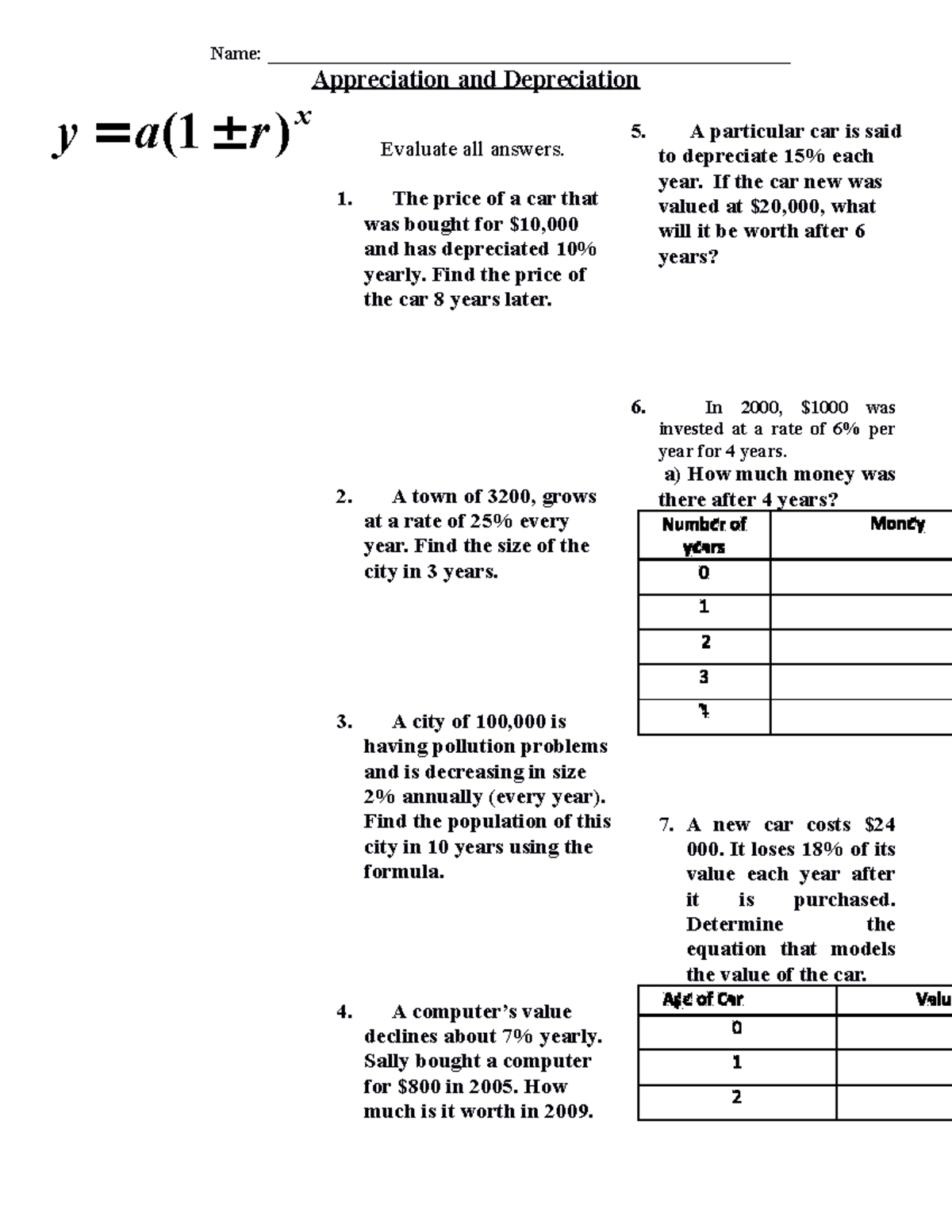 Appreciation & Depreciation Worksheet: Evaluating Financial Changes ...