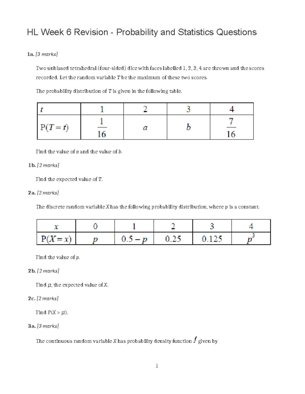 HL Week 6 Revision: Probability & Statistics Questions - Studocu