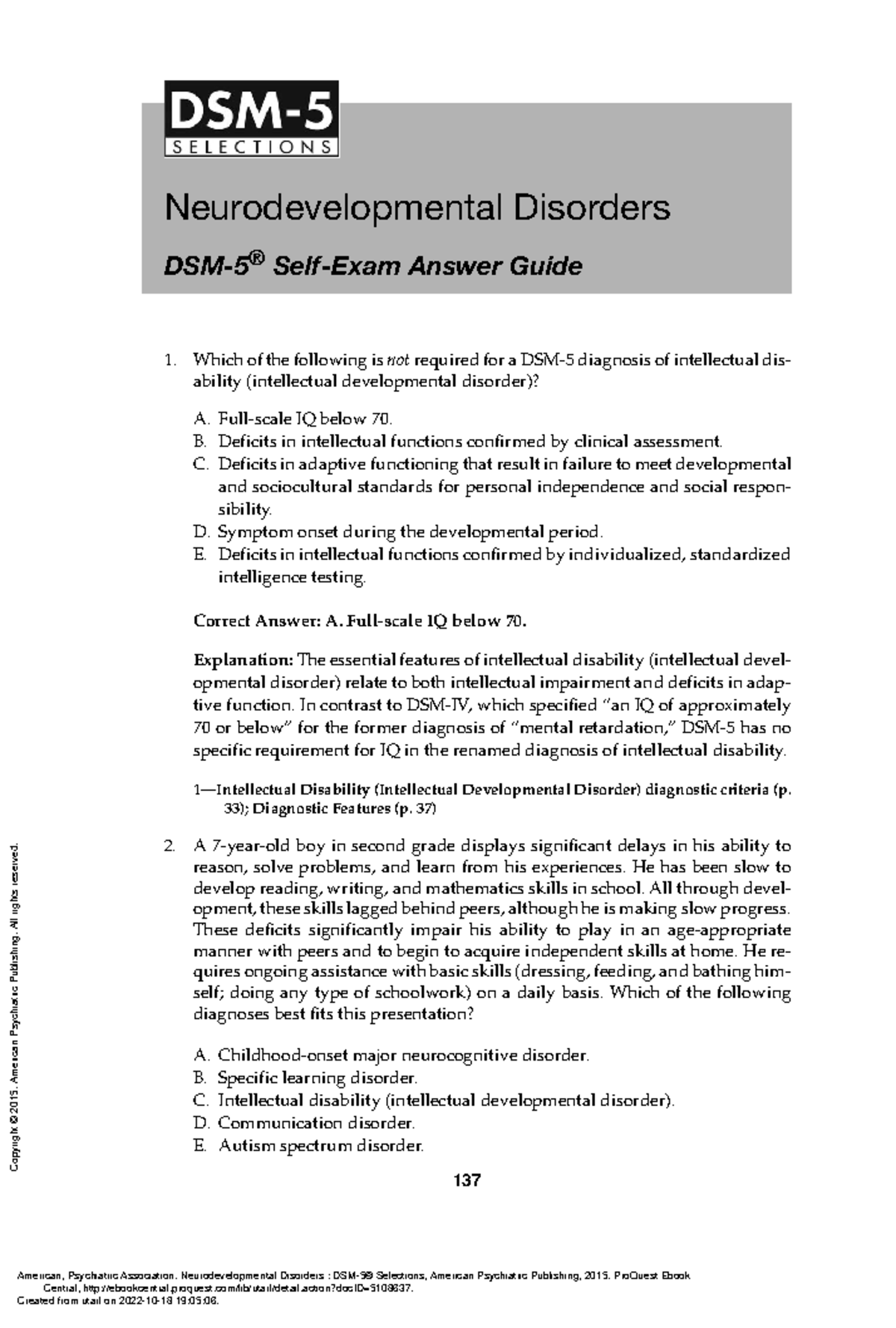 Neurodevelopmental Disorders DSM-5® Selections - (DSM-5® Self-Exam Answer Guide) - 137 - Studocu