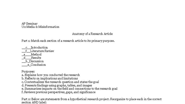 AP Seminar U2 Anatomy of a Research Article: Section Purposes ...