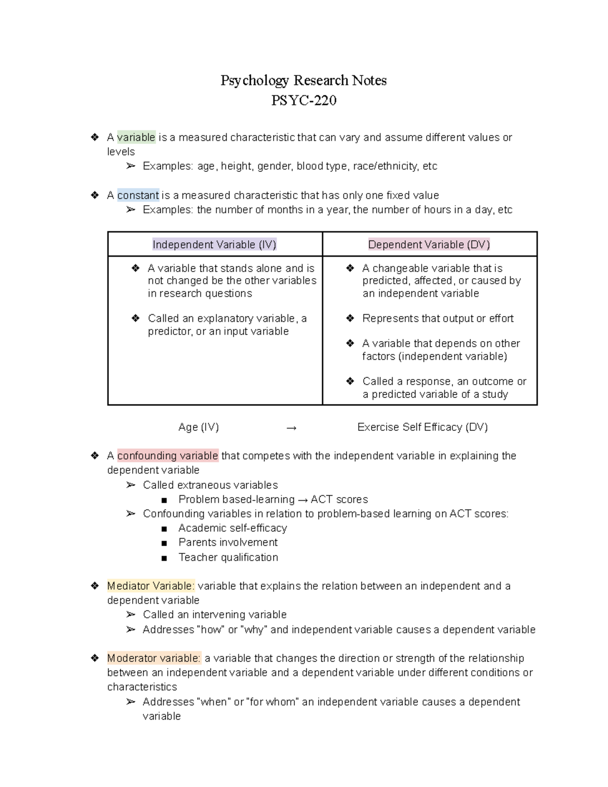 PSYC 220: Constants VS Variables - Psychology Research Notes PSYC- A ...