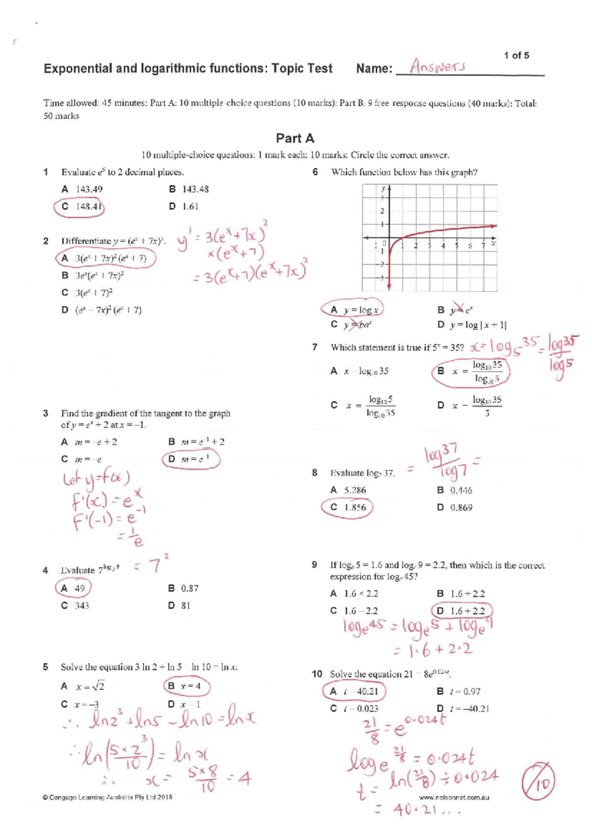 11 Adv Maths Ch10 Exponential & Logarithmic Functions Topic Test ...