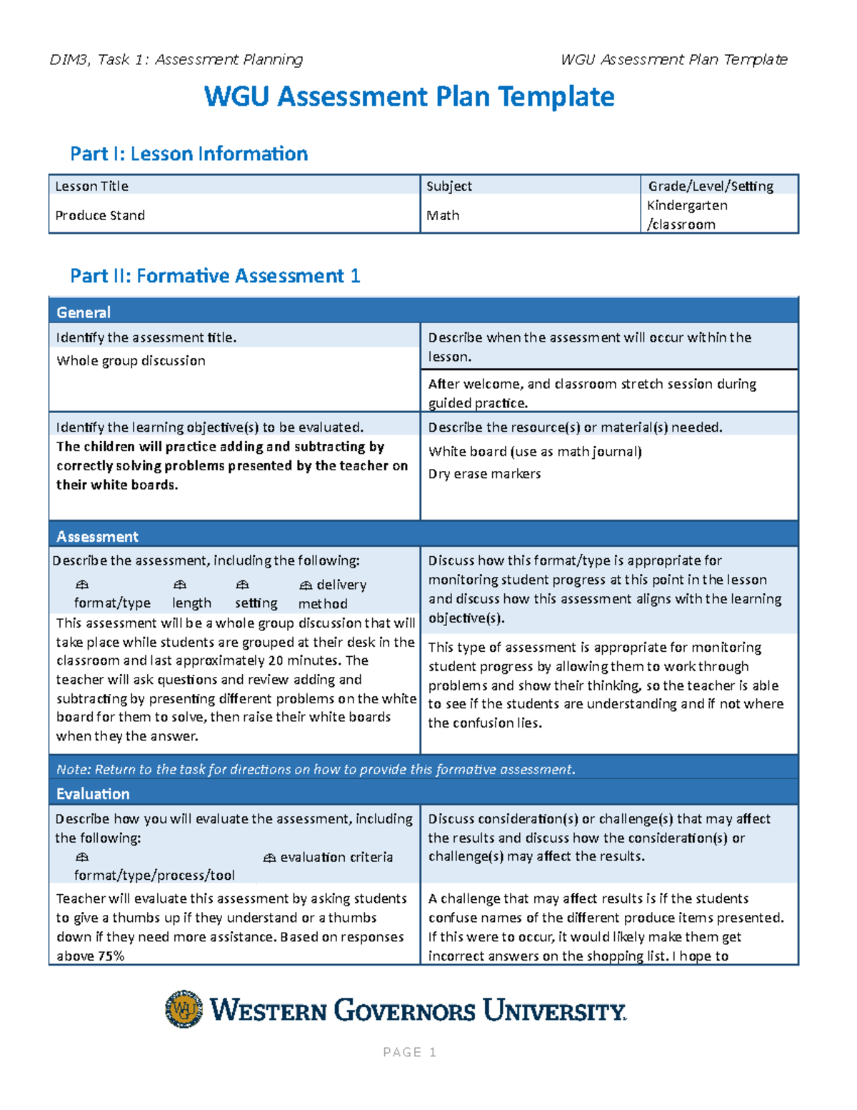 WGU Assessment Task 1 - task 1 - WGU Assessment Plan Template Part I ...