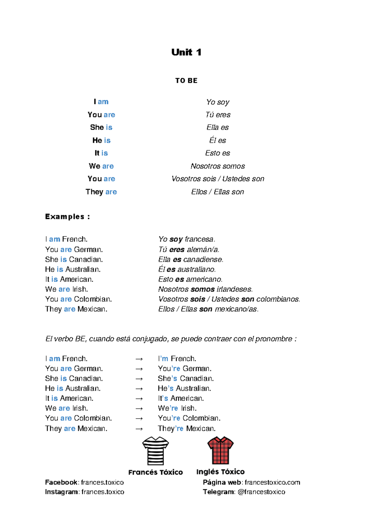 Unit 1 - TO BE: Conjugation and Examples in Spanish - Studocu
